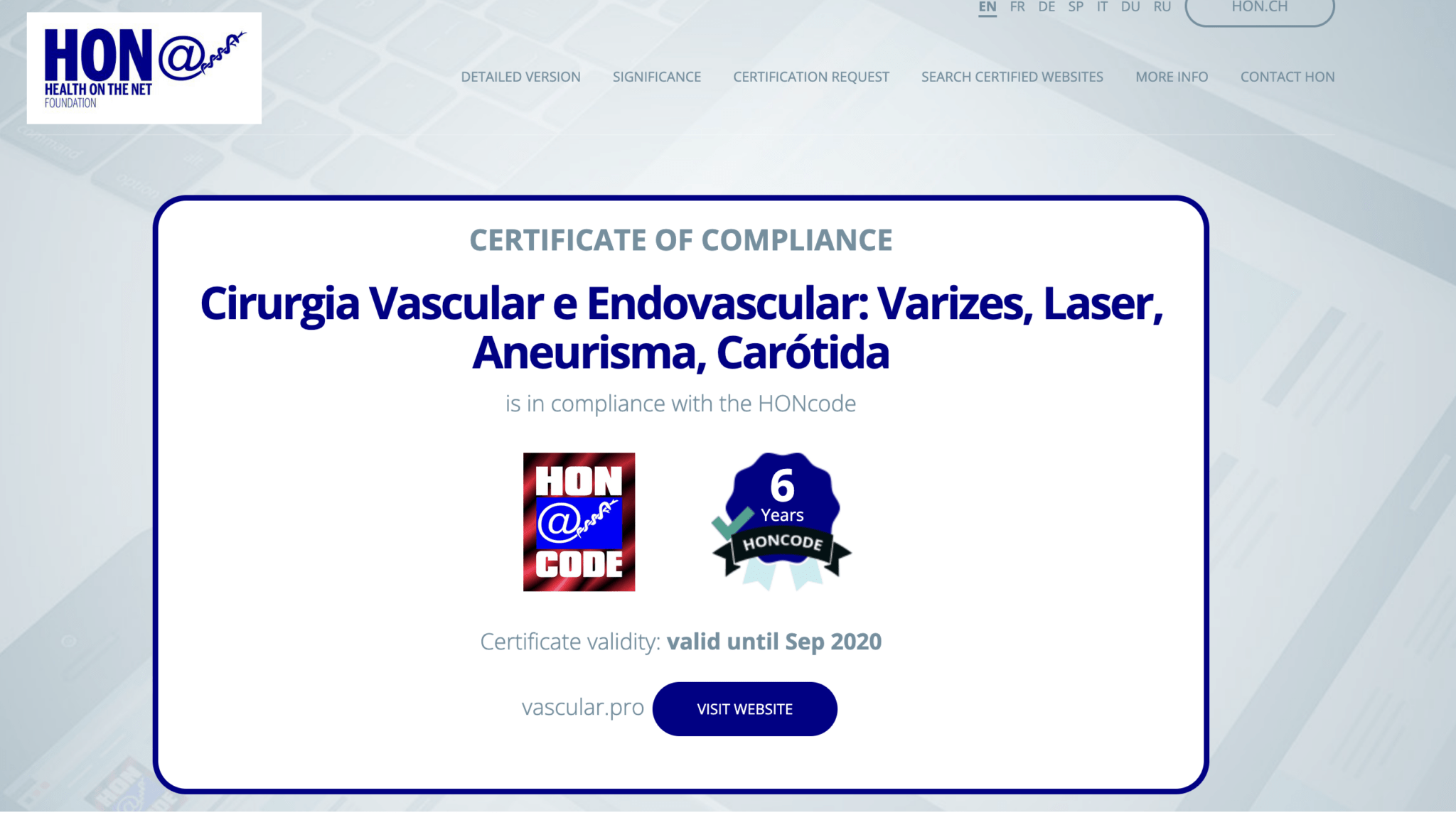 HON Code Certificate - Vascular.pro